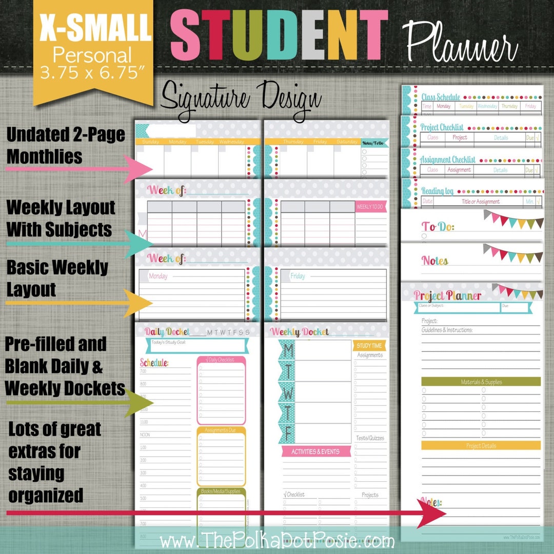 Student Planner {printable} Set - Sized X-small Personal 3.75" X 6.75 ...