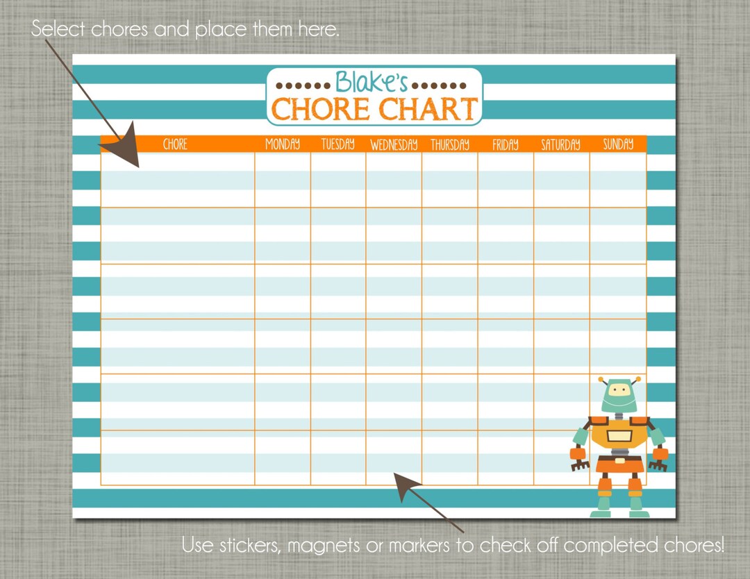 Personalized Kids Chore Reward Chart {printable} Sized 8.5 X 11 - Robot ...