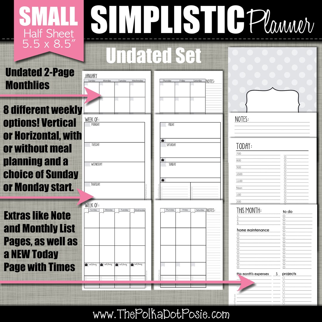 UNDATED Printable Monthly Planner - Simplistic Design - Sized Small 5.5 ...