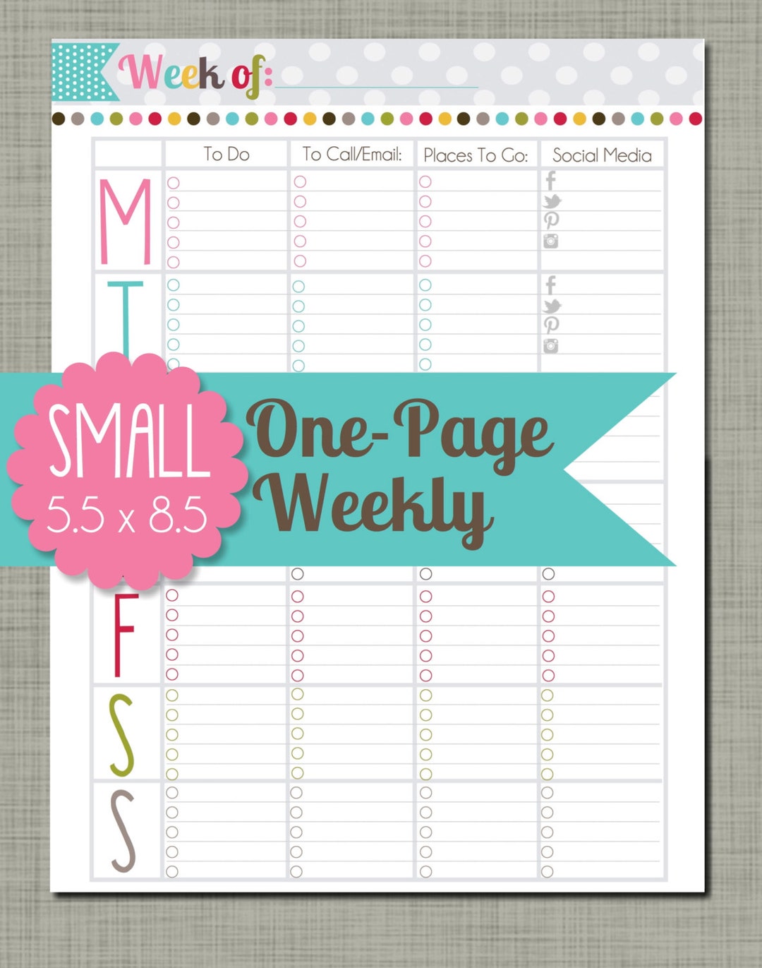 Small {printable} One Page Weekly - Sized 5.5 X 8.5" PDF - Etsy