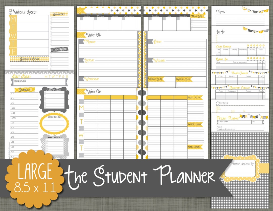 Student Planner {printable} Set - Sized Large 8.5" X 11" PDF - Yellow ...