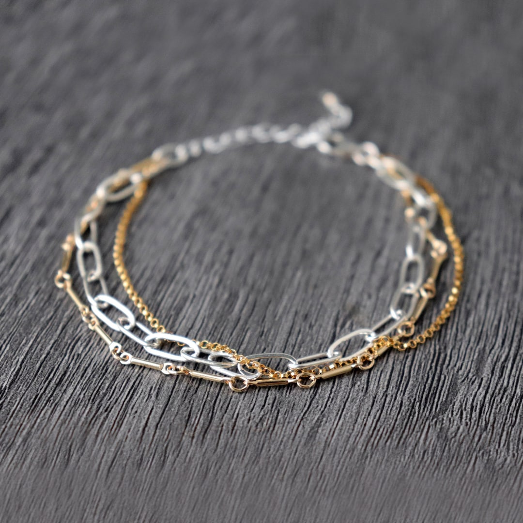 Mixed Metal Chain Bracelet: Sterling Silver & Gold Boho Style - Etsy