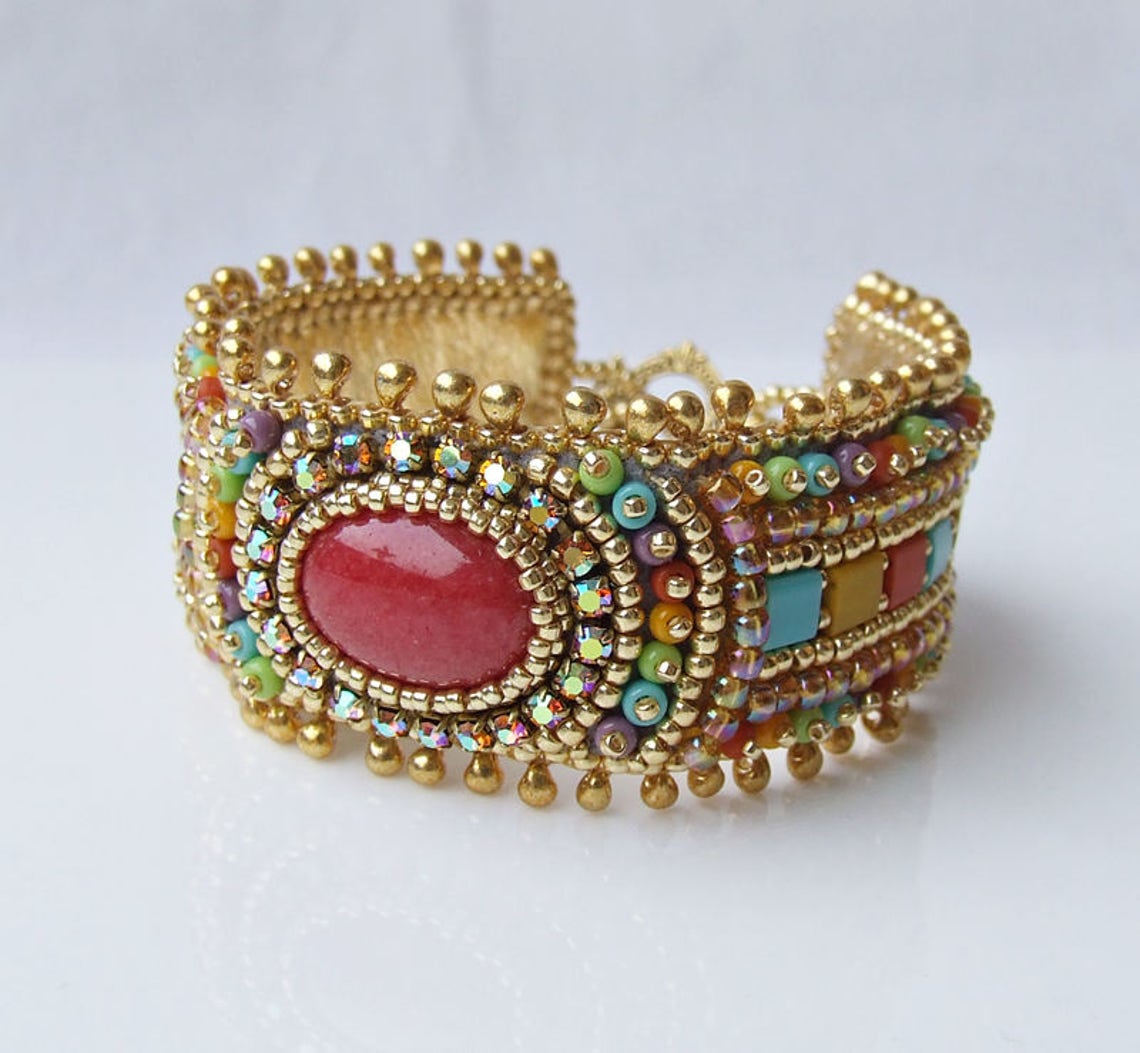 Bead Embroidery Bracelet Tutorial, Colorful Bead Embroidered Cuff ...