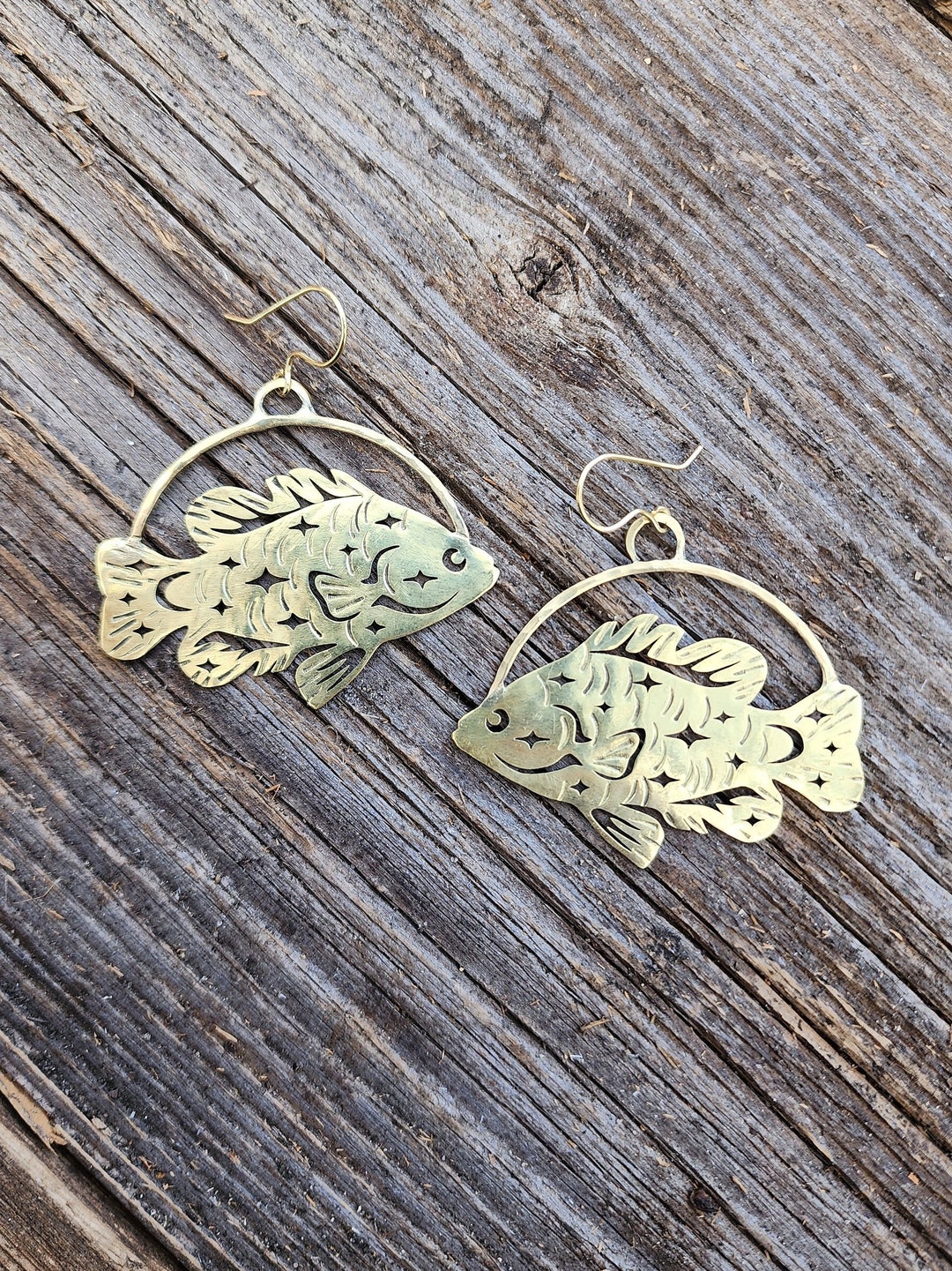 Handmade Hammered Brass Sunfish Earring, Long Ear Sun Fish, Pumpkin ...