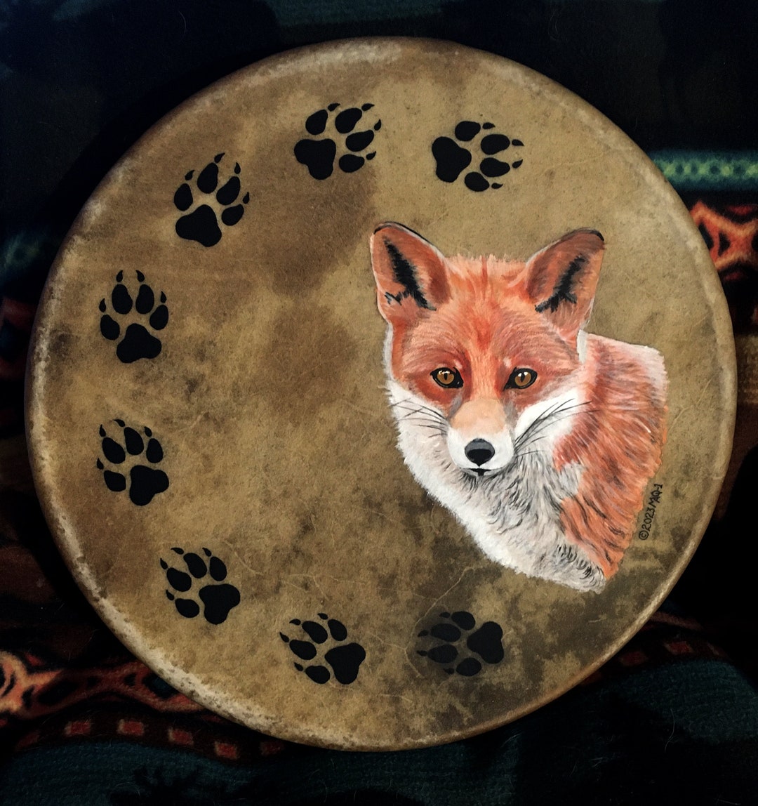 Hand-painted Fox Cowhide and Birch 16"x3" Hoop Drum, Deep Toned, Native ...