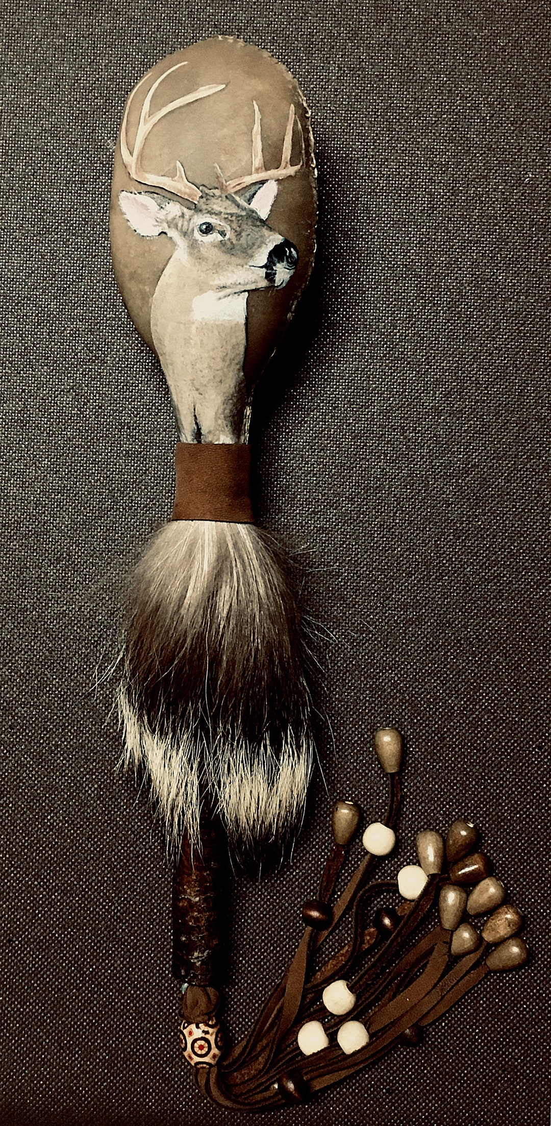 RAWHIDE RATTLE -- TWO Sided Hand-crafted and Painted Buck-fawn Deer ...