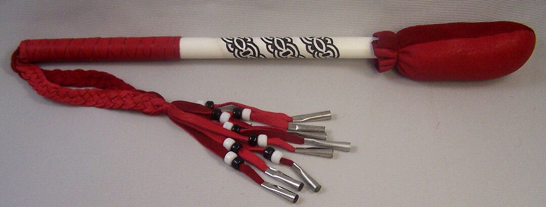 CUSTOM DRUM STICK. Hand-carved Wood, Deerskin, Glass Beads, Metal Cones ...