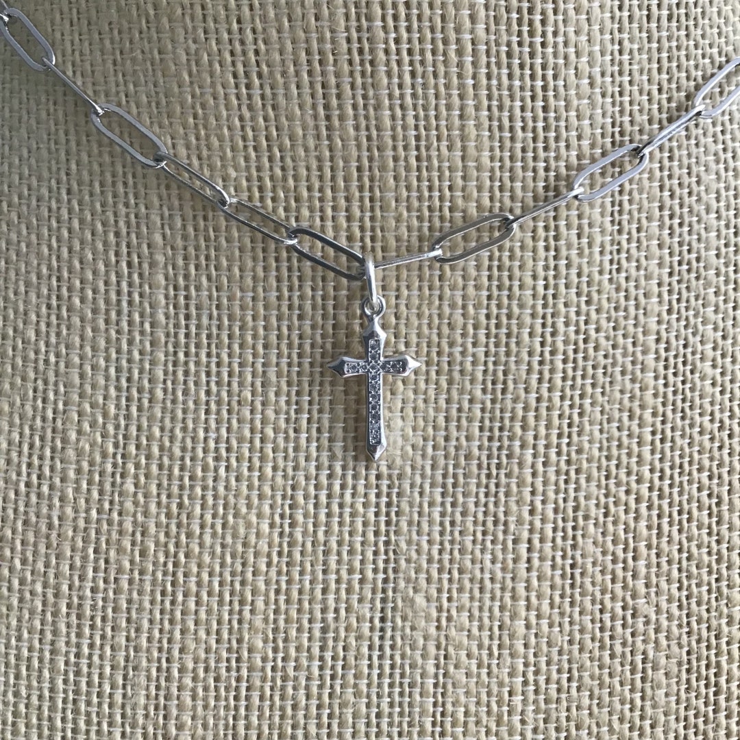 DAINTY CROSS NECKLACE, Cubic Zirconia Cross, Paperclip Chain Necklace ...