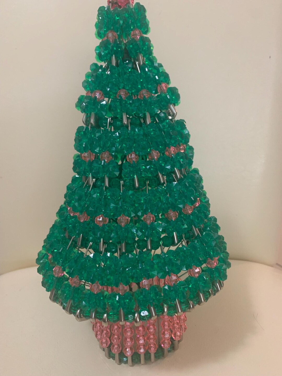 Christmas Tree Hand Crafted Safety-pin Art 11” Pink and Green Beaded ...