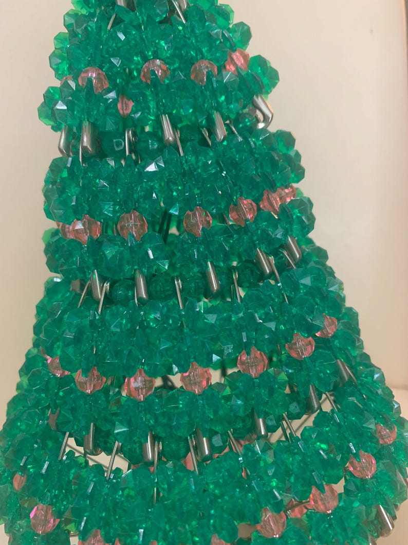 Christmas Tree Hand Crafted Safety-pin Art 11” Pink and Green Beaded ...