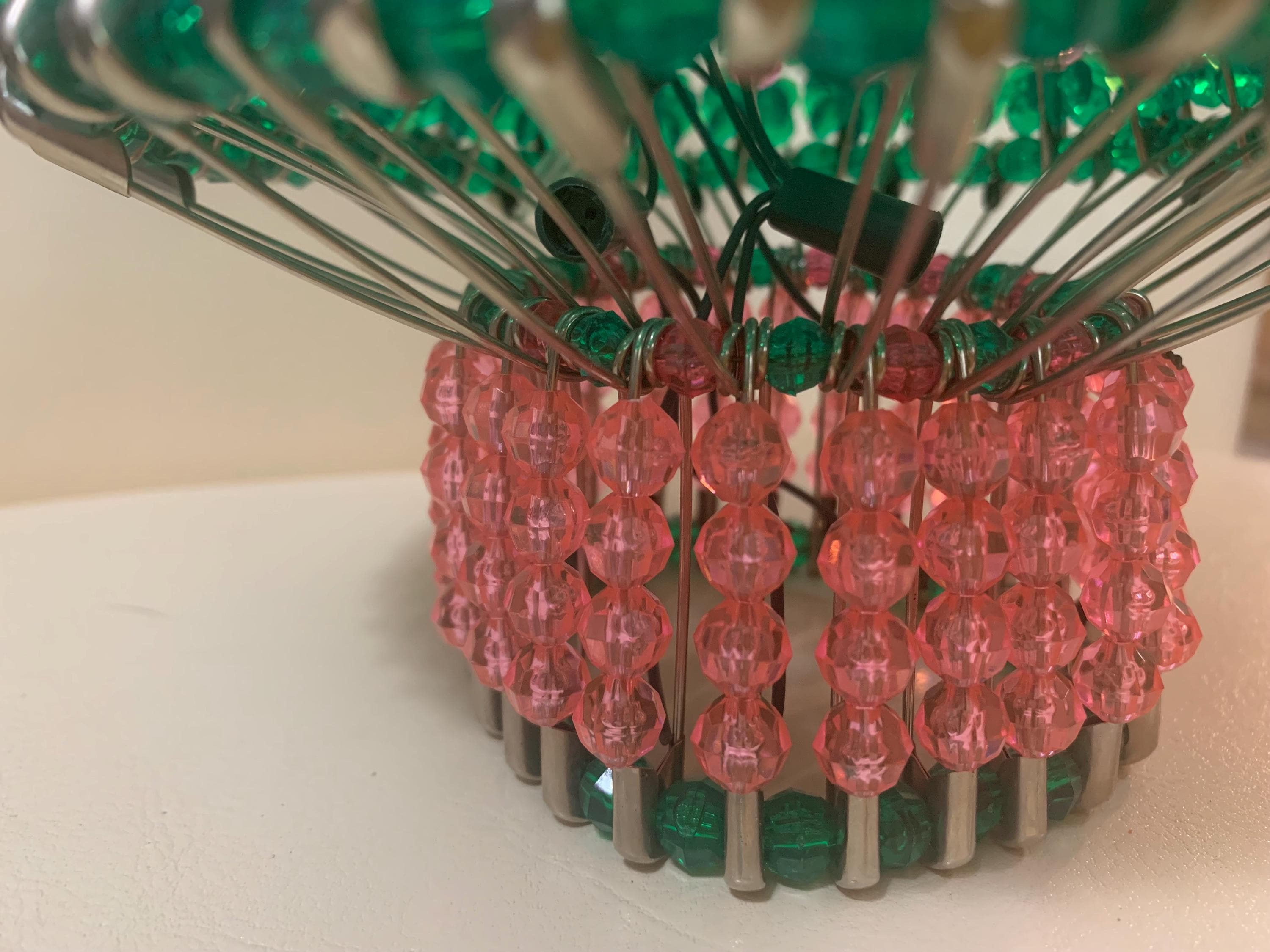 Christmas Tree Hand Crafted Safety-pin Art 11” Pink and Green Beaded ...