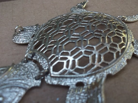 Turtle Large Silver Tone Segmented Pendant - Gem