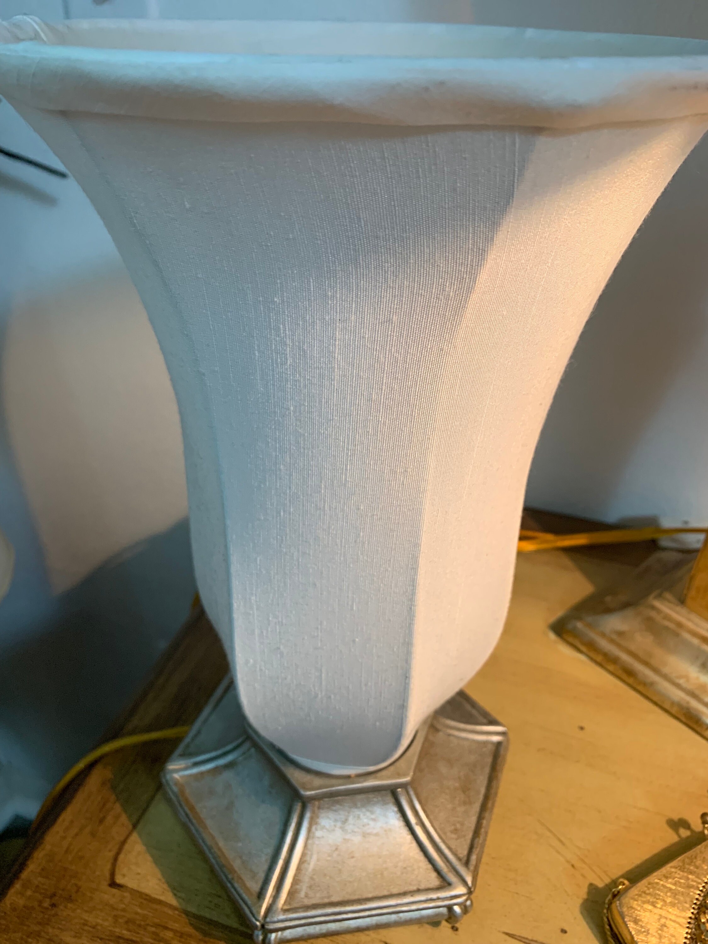 Upside Down Bell Shape Fabric Ivory Color Shade on Silver Stand Table ...