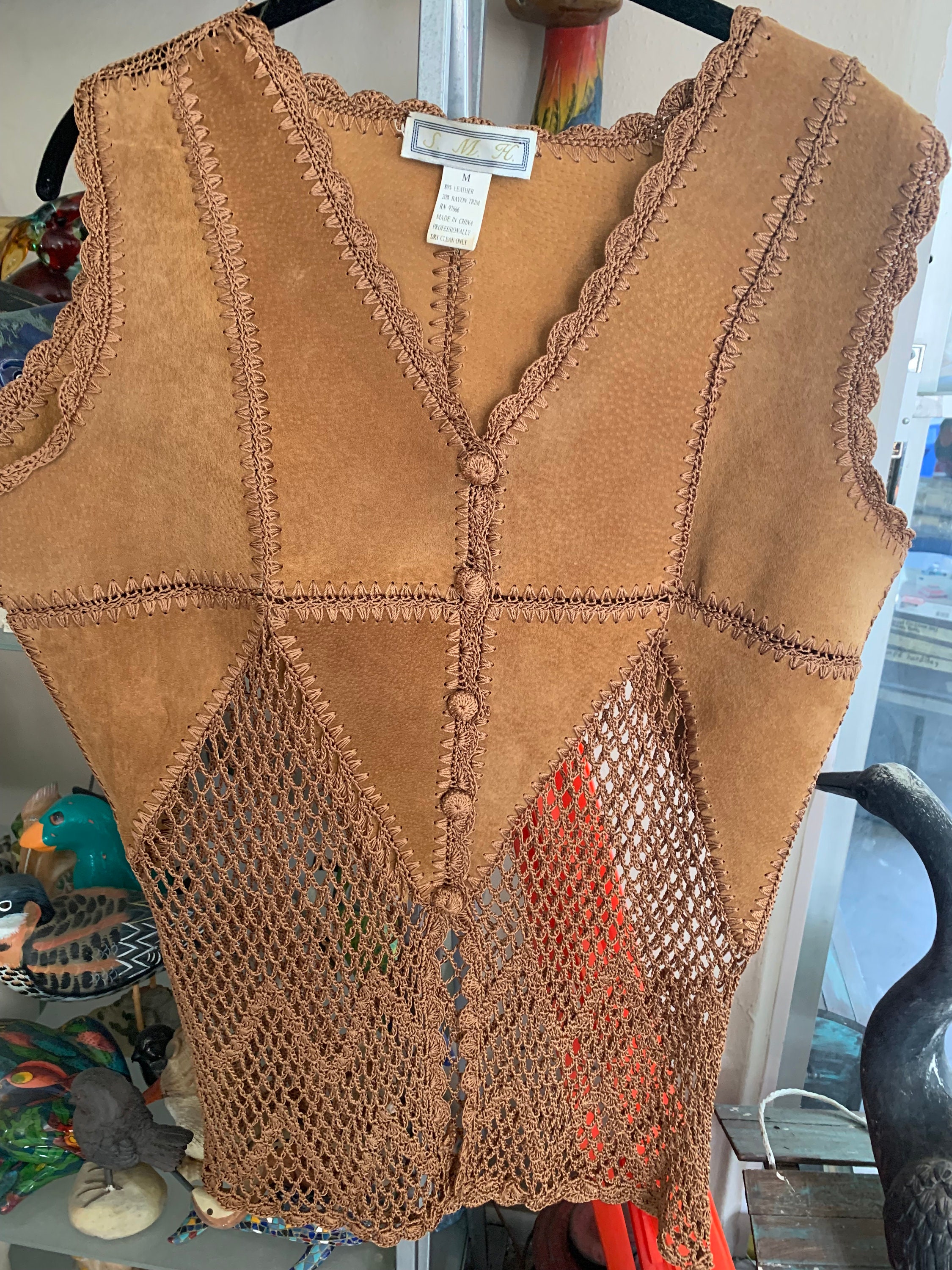 Brown Rustic Hippy Boho Half Leather Have Crocheted Sleeveless Woman’s ...
