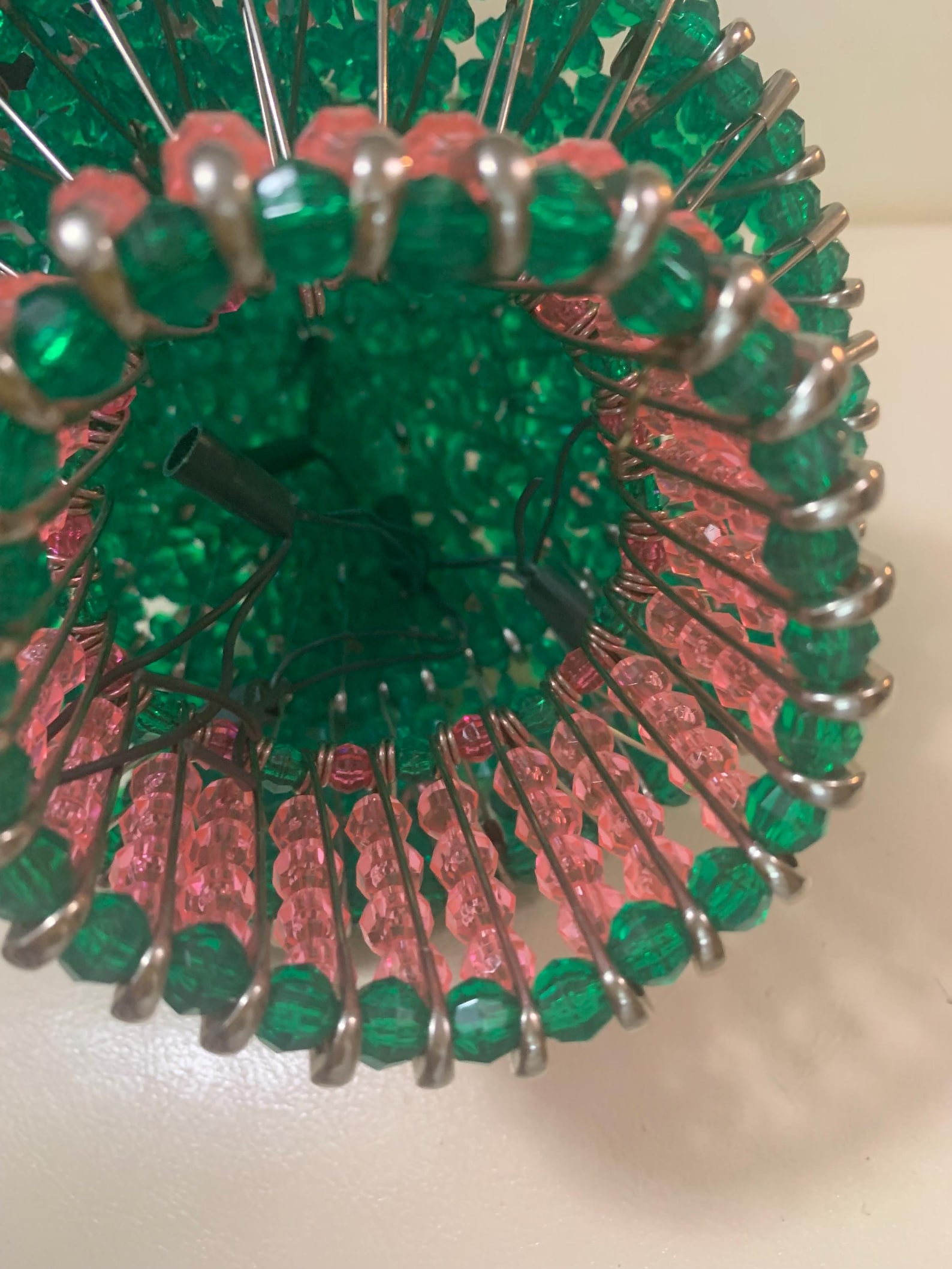 Christmas Tree Hand Crafted Safety-pin Art 11” Pink and Green Beaded ...