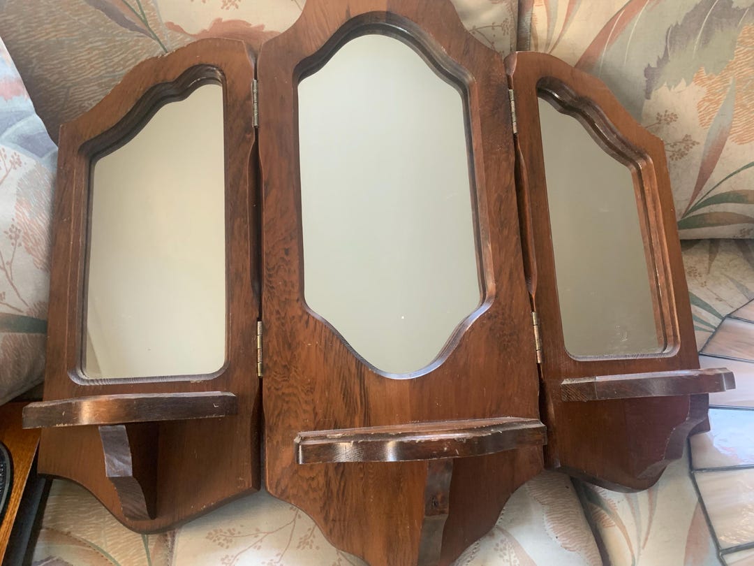 Wooden Tri-fold Wall Mirrors With Built in Shelf’s Home Wall Decor - Etsy