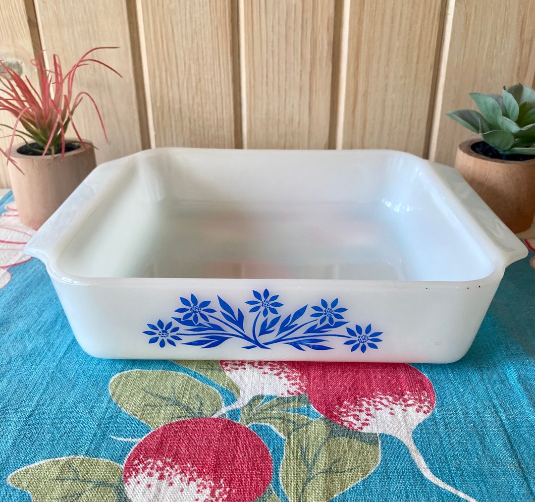 Vintage Fire King Blue Flower Milk Glass Baking Dish, 8" Square - Etsy