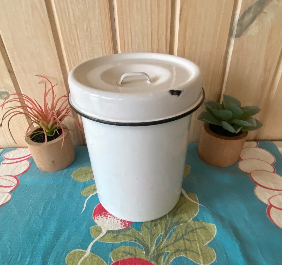 White Enamelware Lidded Canister, Bathroom Canister, Medical Canister ...