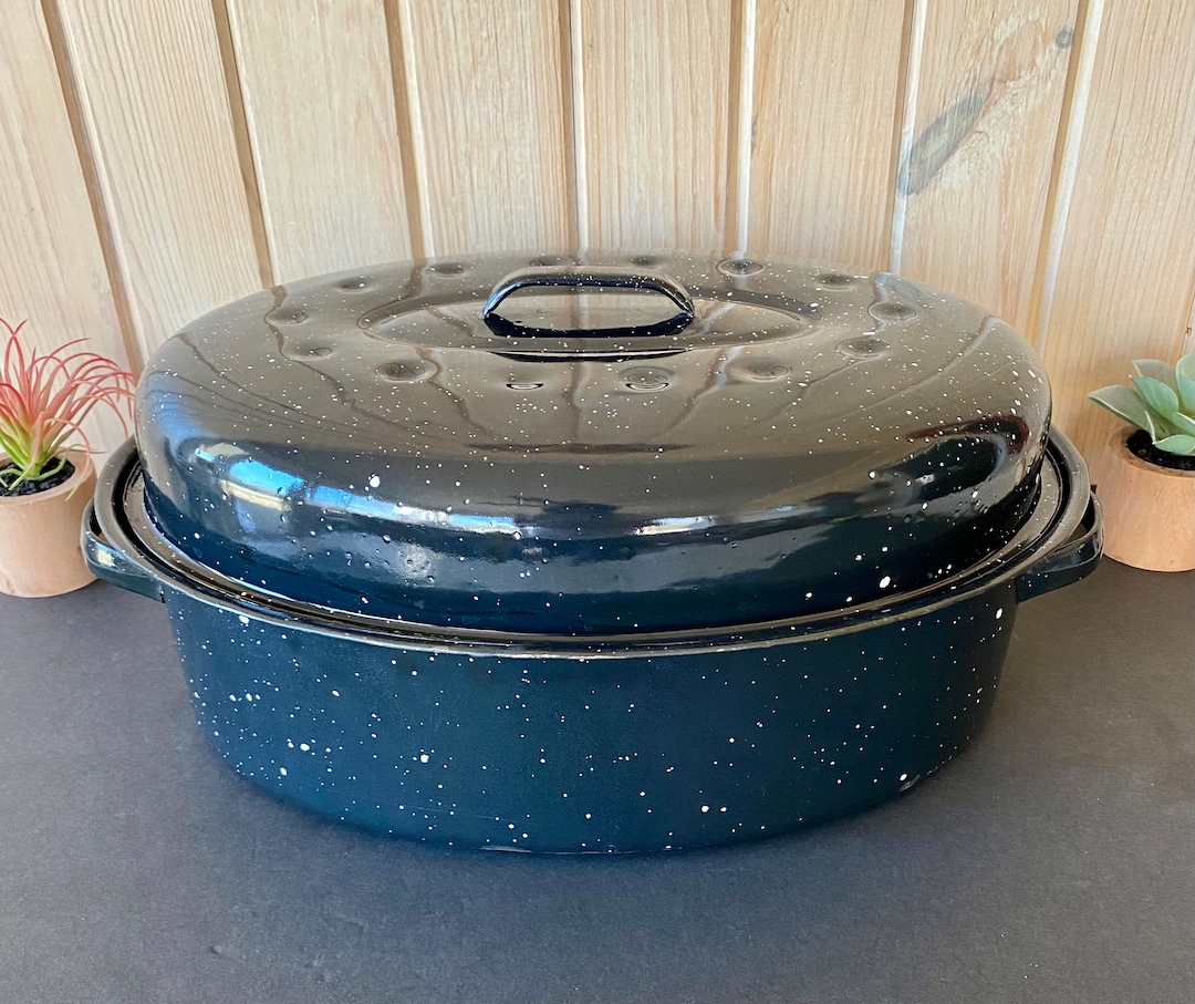 Large Black Enamelware Oval Roaster,large Roasting Pan,graniteware Oval ...