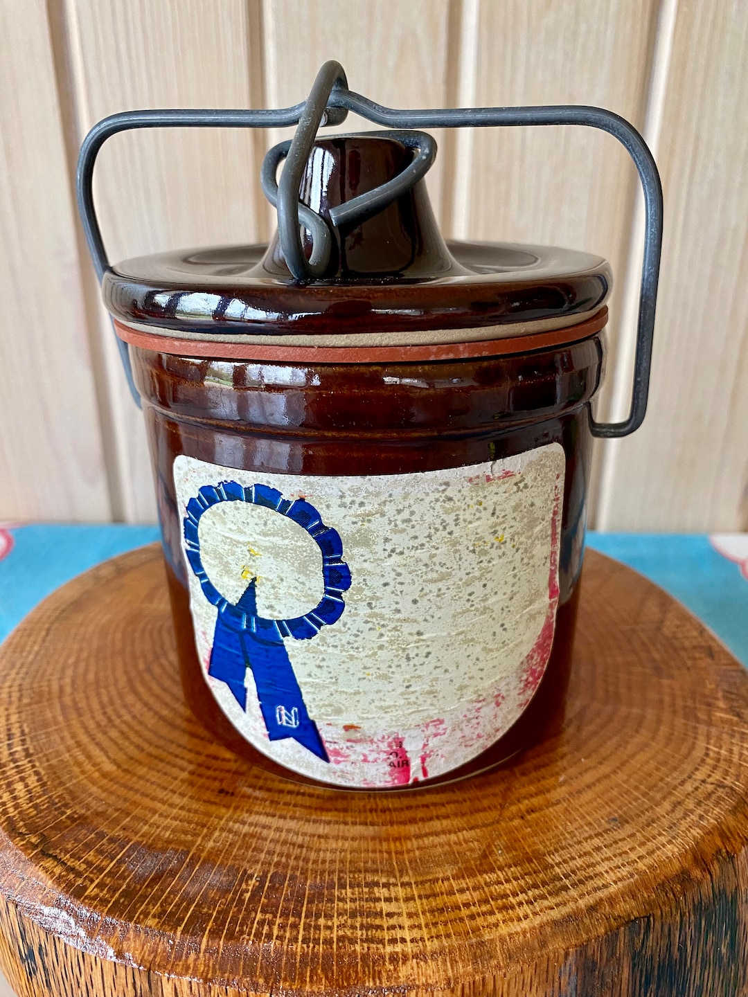 Large Vintage Brown Glazed Pottery Cheese Crock With Wire Bail Lock ...