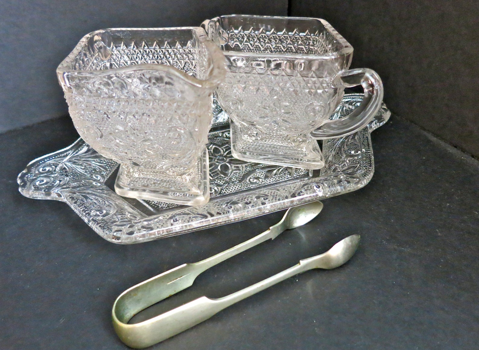 Vintage-tiara Clear Depression Glass Creamer and Sugar Diamond | Etsy