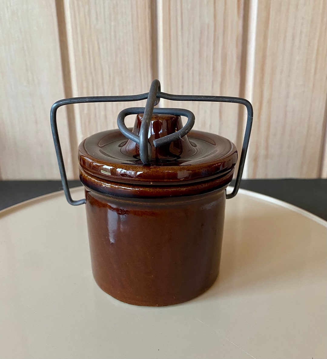 Small Brown Stoneware Cheese Crock, Glazed Cheese Crock, Mini Cheese ...