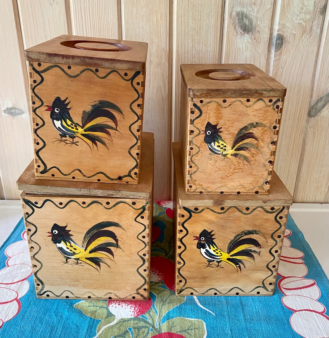 Vtg Japan Woodpecker Woodware Rooster Square Canister Set, Retro ...