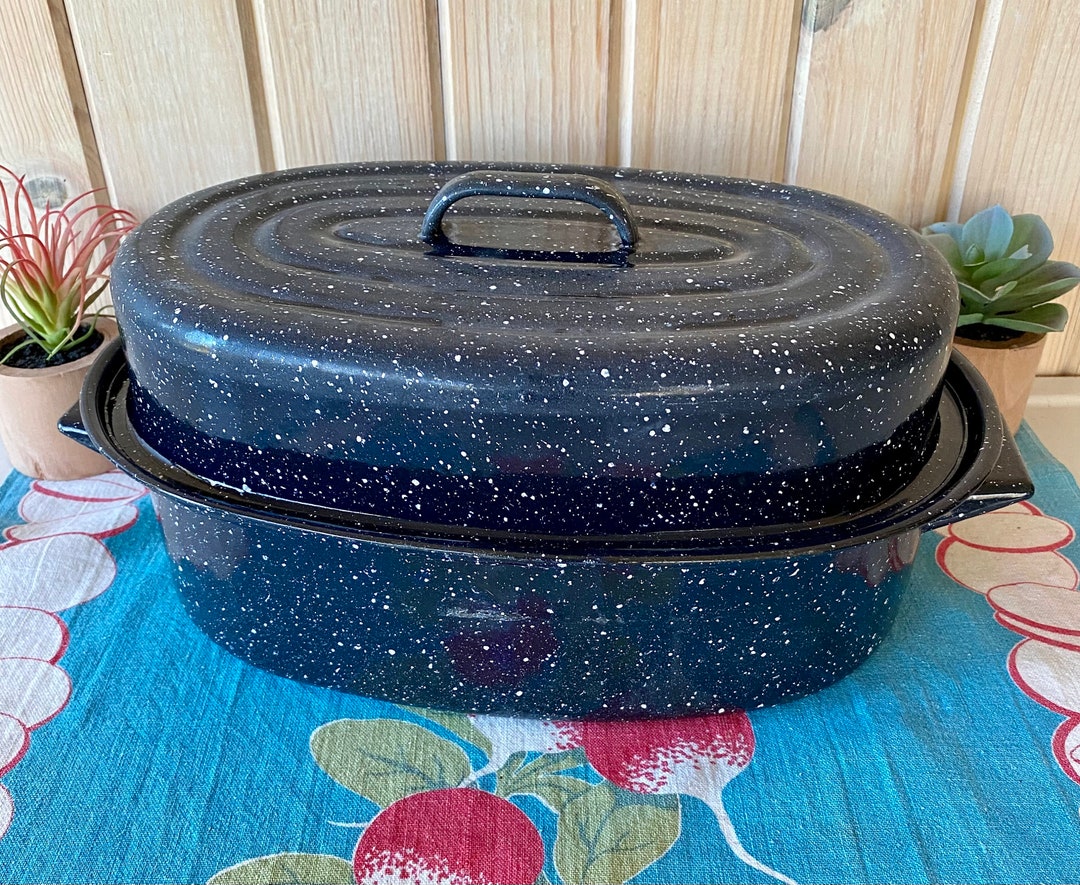 Vintage Speckled Enamelware Oval Roaster: Small Dutch Oven, Garden ...