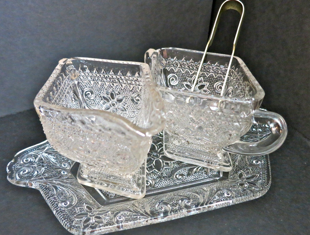 Vintage-tiara Clear Depression Glass Creamer and Sugar Diamond Shape ...