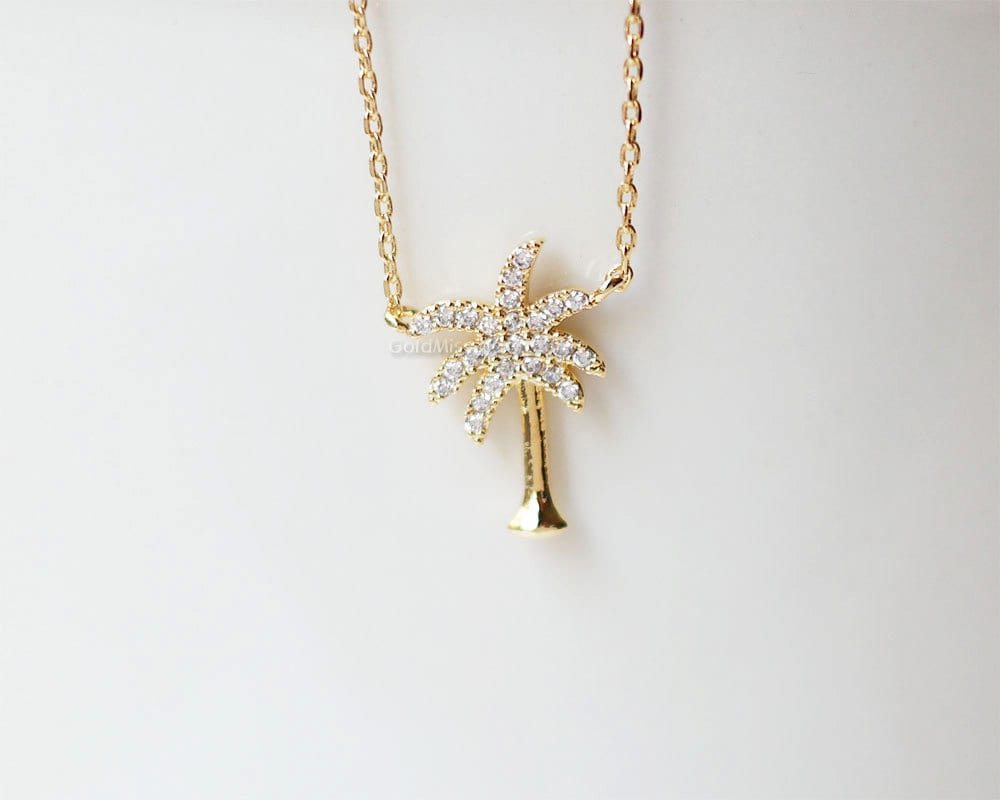 Tiny Crystal Palm Tree Necklace in Gold, Dainty Palm Tree Pendant ...