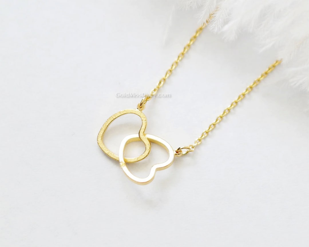 Two Hearts Necklace in Gold, Double Hearts Necklace, Gold Entwined ...