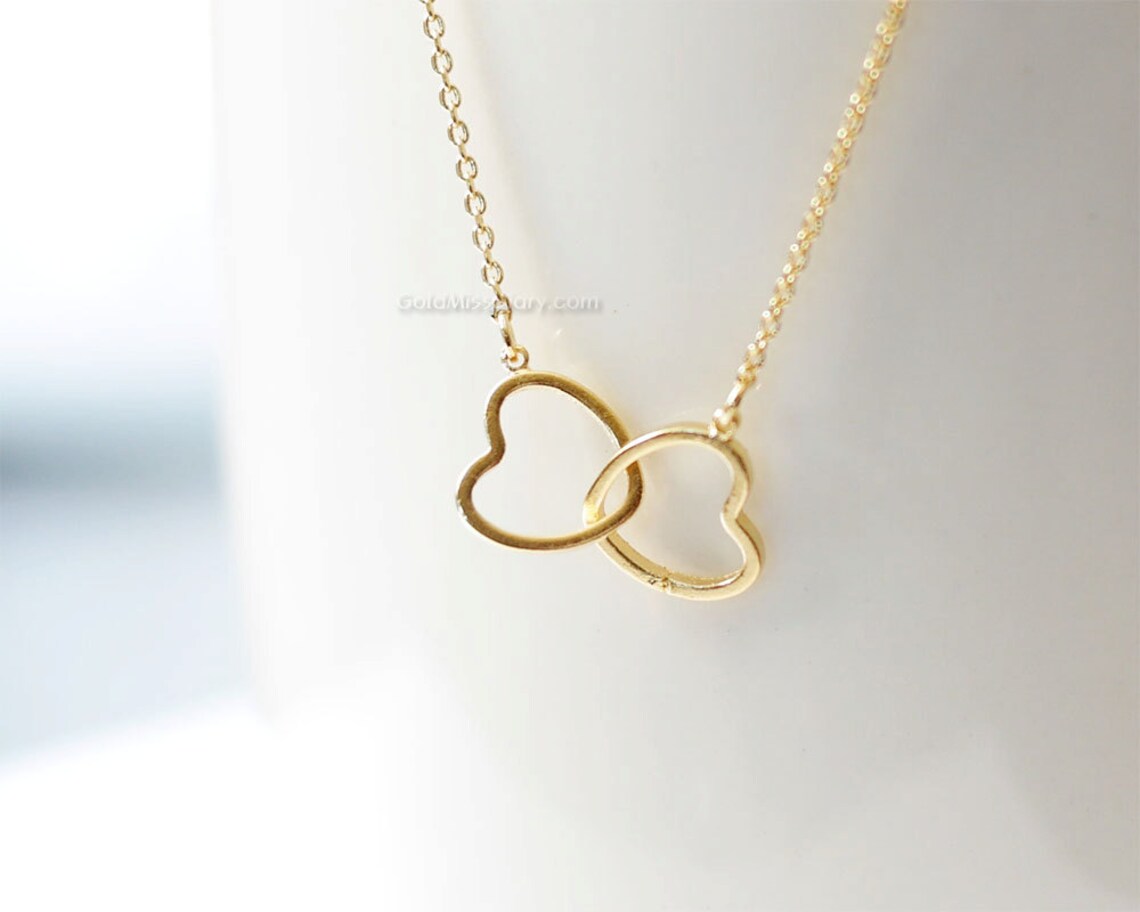 Two Hearts Necklace in Gold, Double Hearts Necklace, Gold Entwined ...