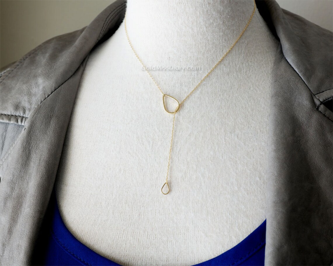 Gold Tear Drop Down Necklace / Simple Tear Lariat Necklace / Minimal Y ...