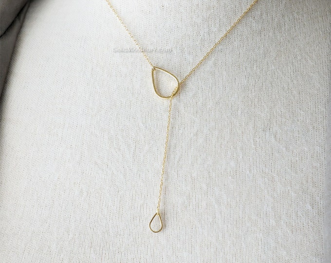 Gold Tear Drop Down Necklace / Simple Tear Lariat Necklace / - Etsy