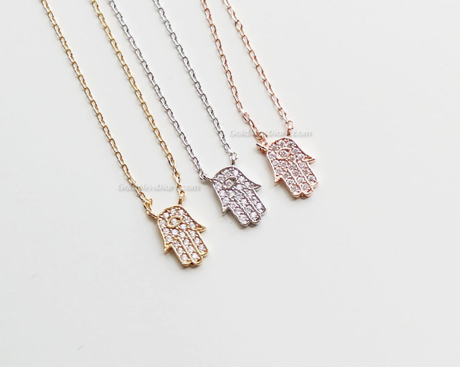 Tiny crystal Hamsa Necklace rose Gold Hamsa Necklace Hand of | Etsy