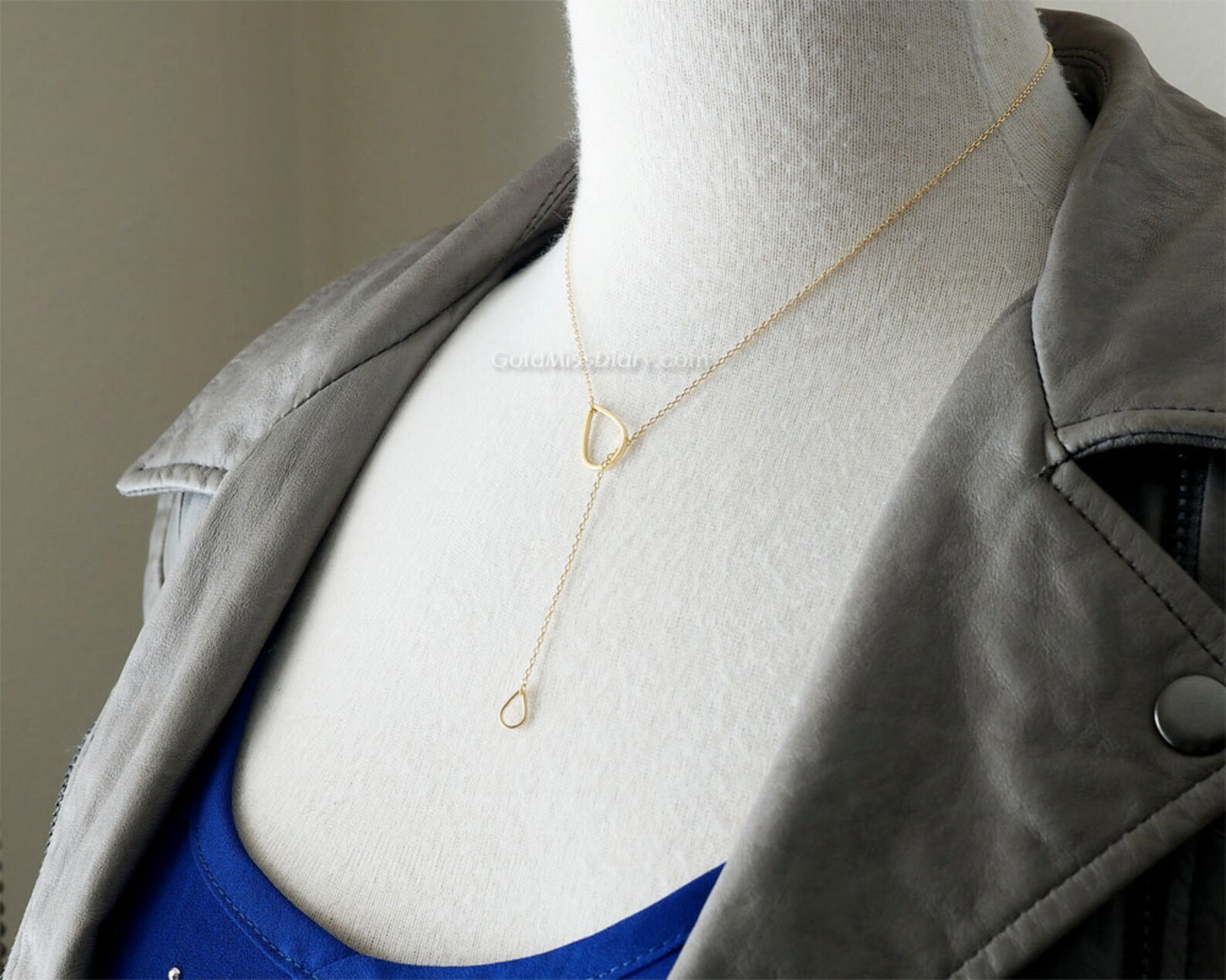 Gold Tear Drop Down Necklace / Simple Tear Lariat Necklace / Minimal Y ...