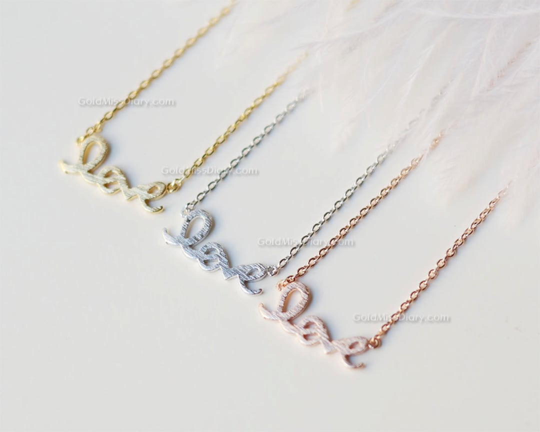 Silver Love Bar Necklace, Love Script Necklace, Cursive Writing Love ...