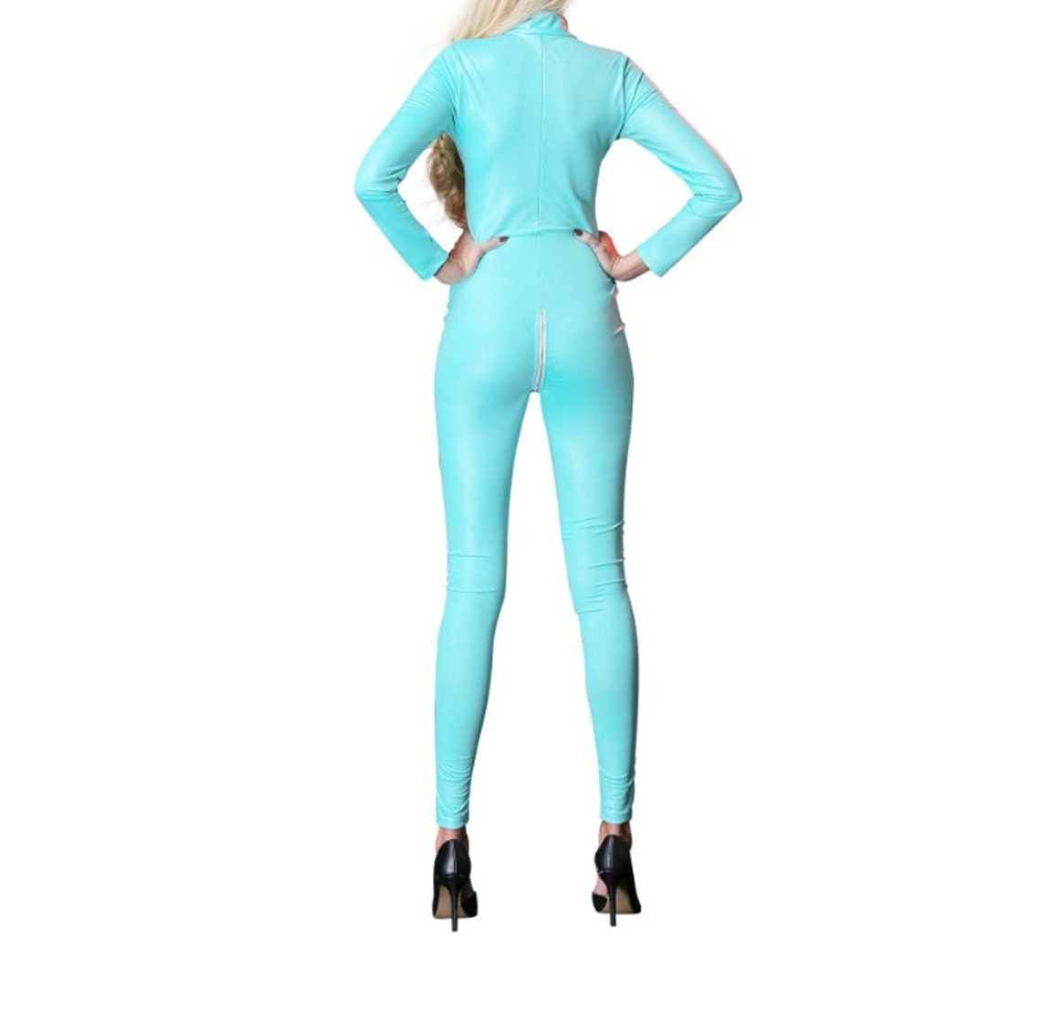 Sexy Women Bodysuit 2 Way Zipper Open Crotch Catsuit Wet Look Etsy