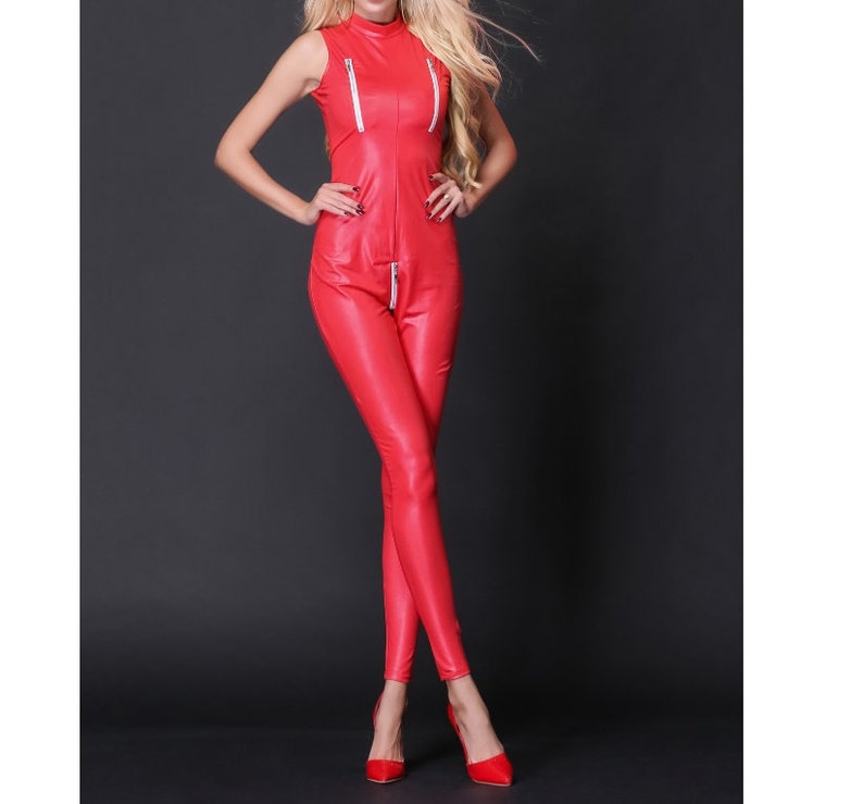Sexy Womens Bodysuit Open Crotch Catsuit Wet Look Leather Etsy