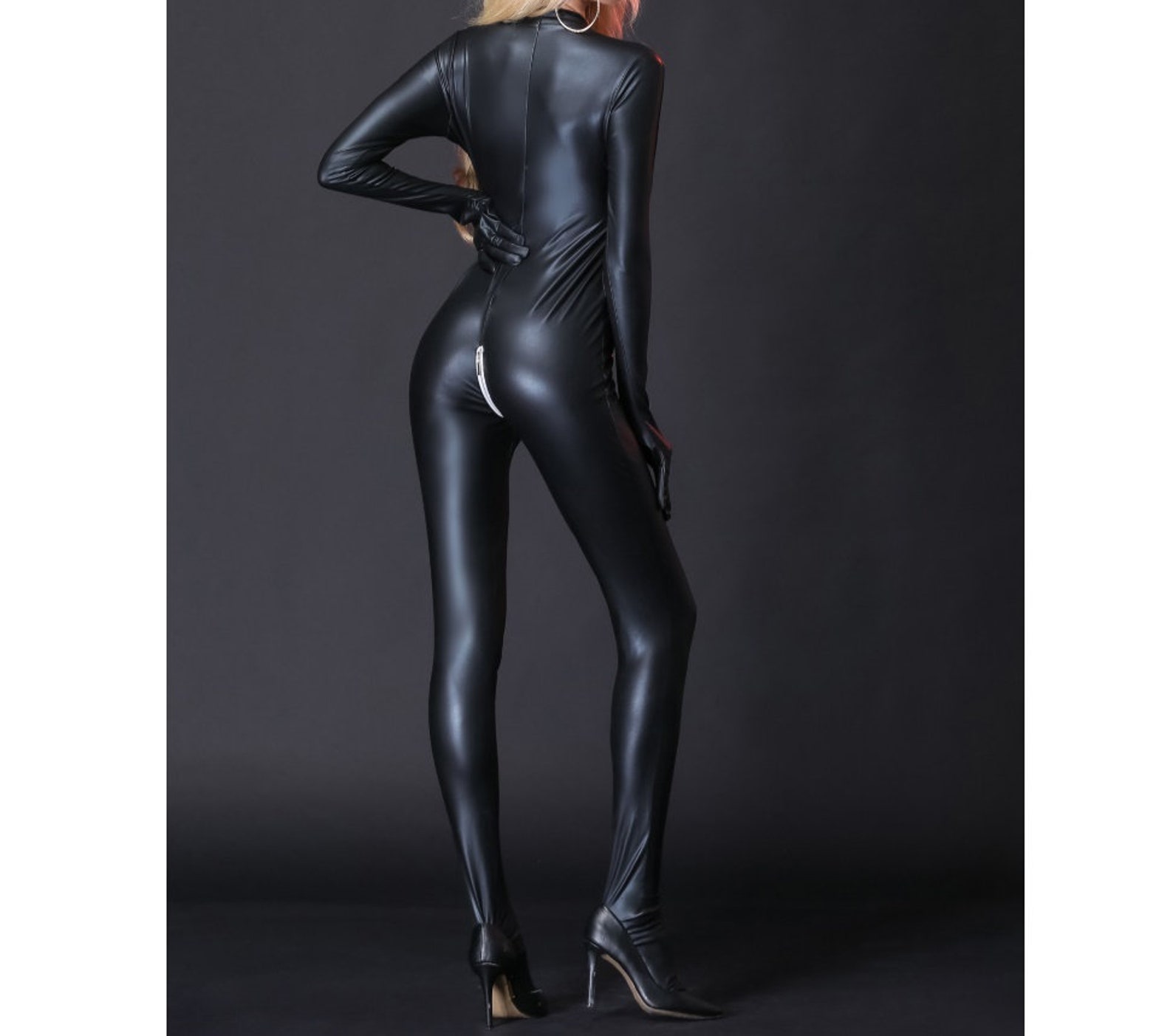 Sexy Womens Bodysuit Gloves Open Crotch Catsuit Wet Look Etsy