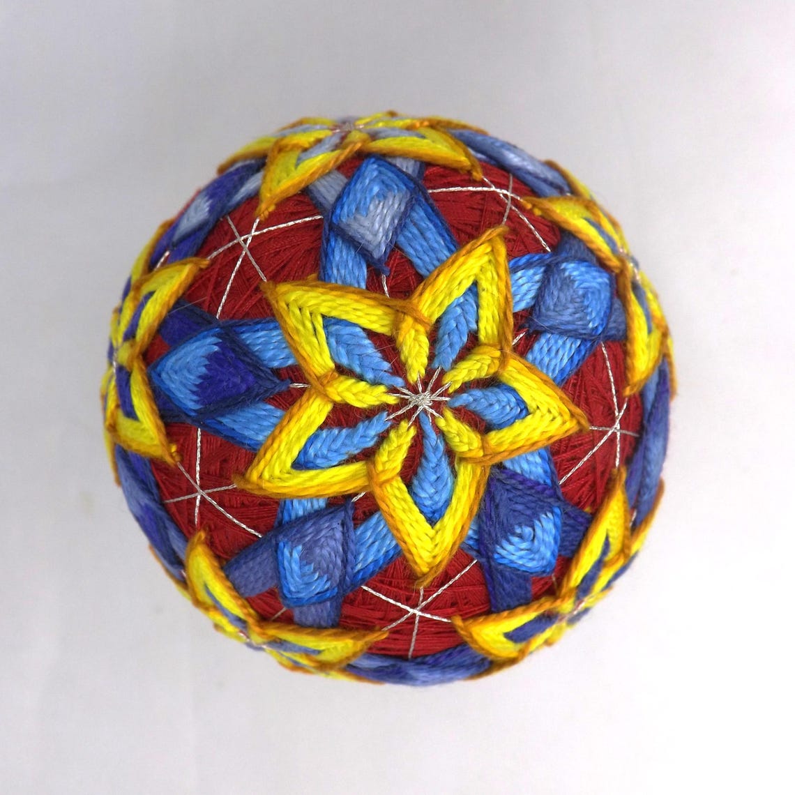 Japanese Temari Ball, Handmade by Me, Twelve Golden Flowers Over Twelve ...