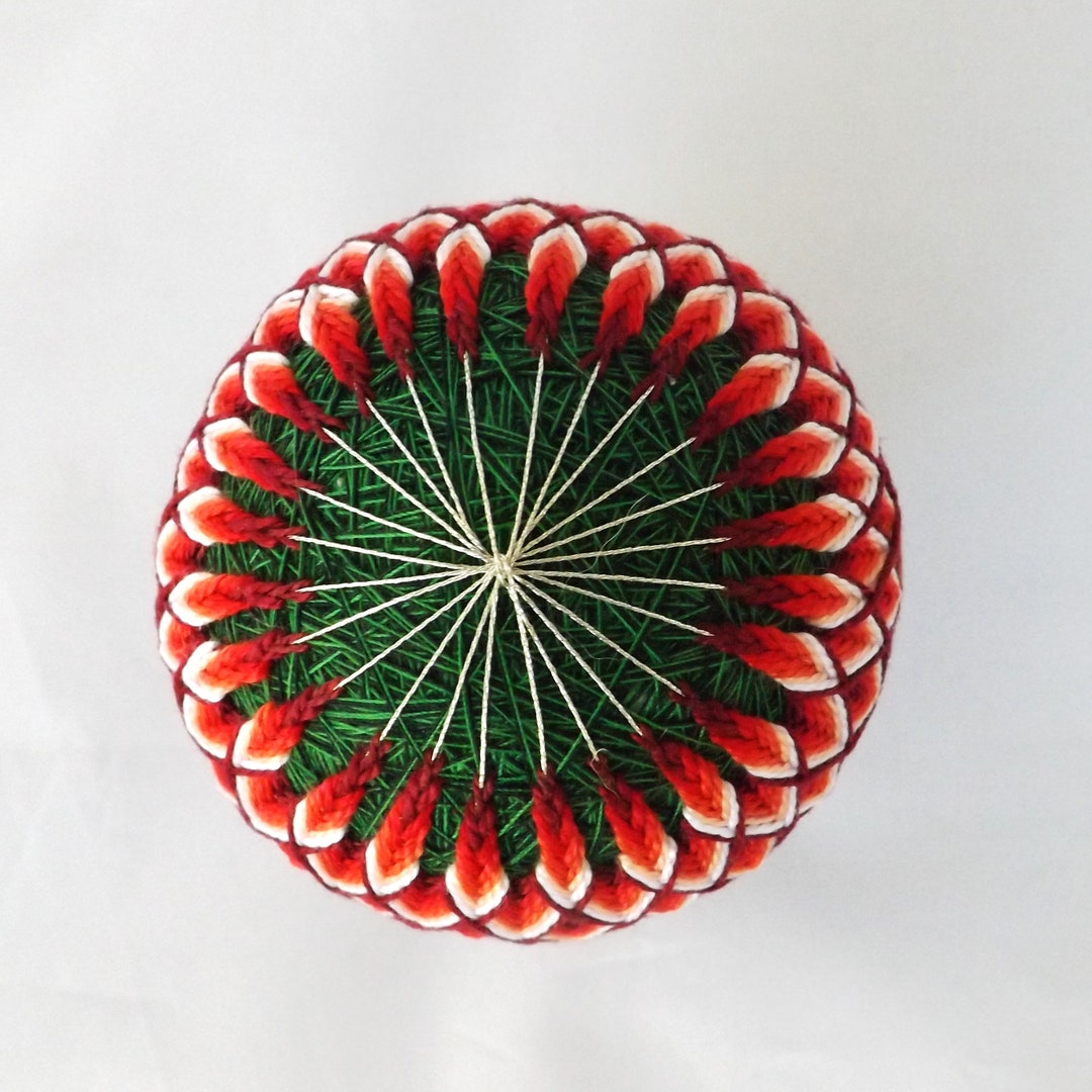 Japanese Temari Ball Hand Made by Me, Two Red Kiko Flowers Over Green ...