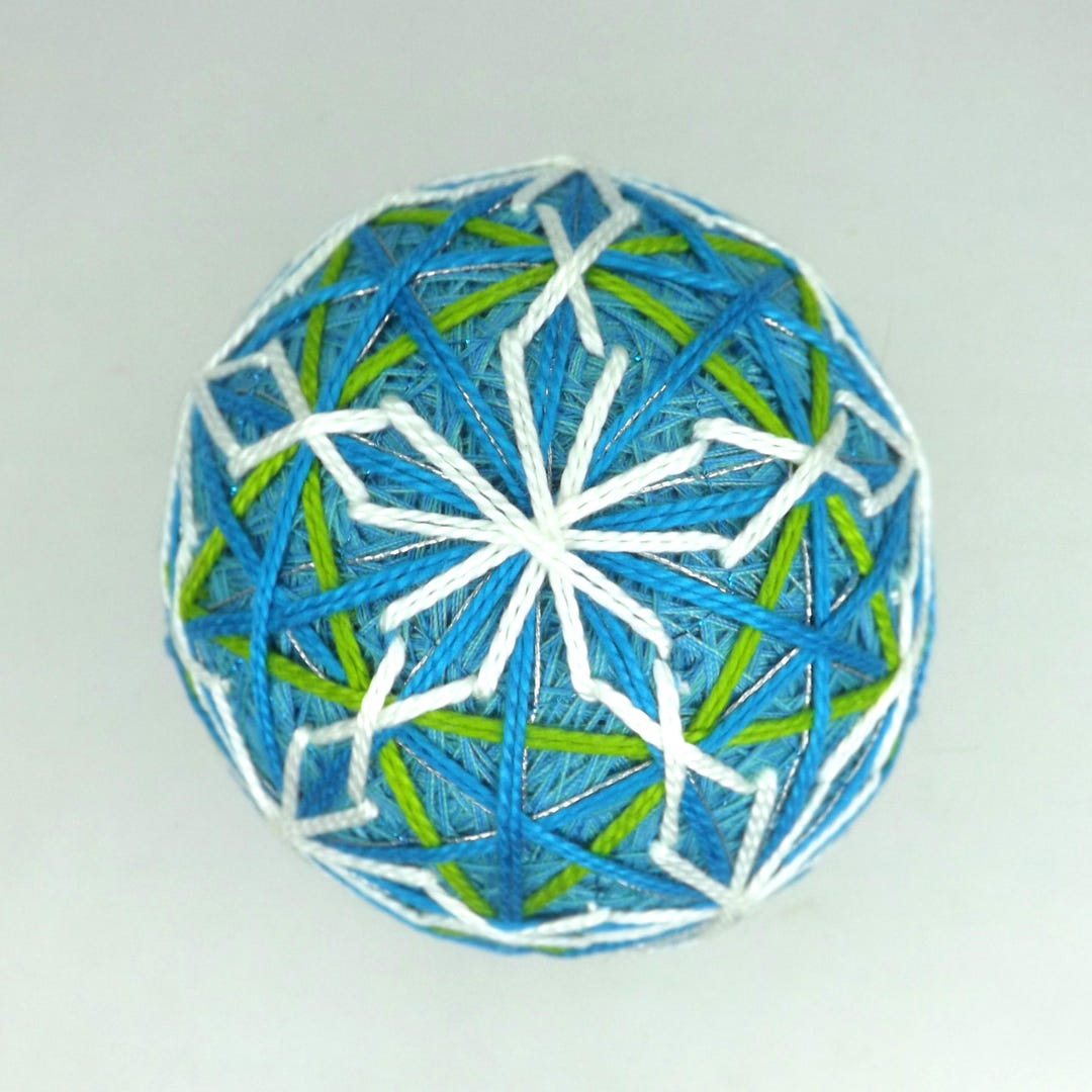 Japanese Temari Ball Twelve White Stars Over Deep Teal Blue Crossing ...