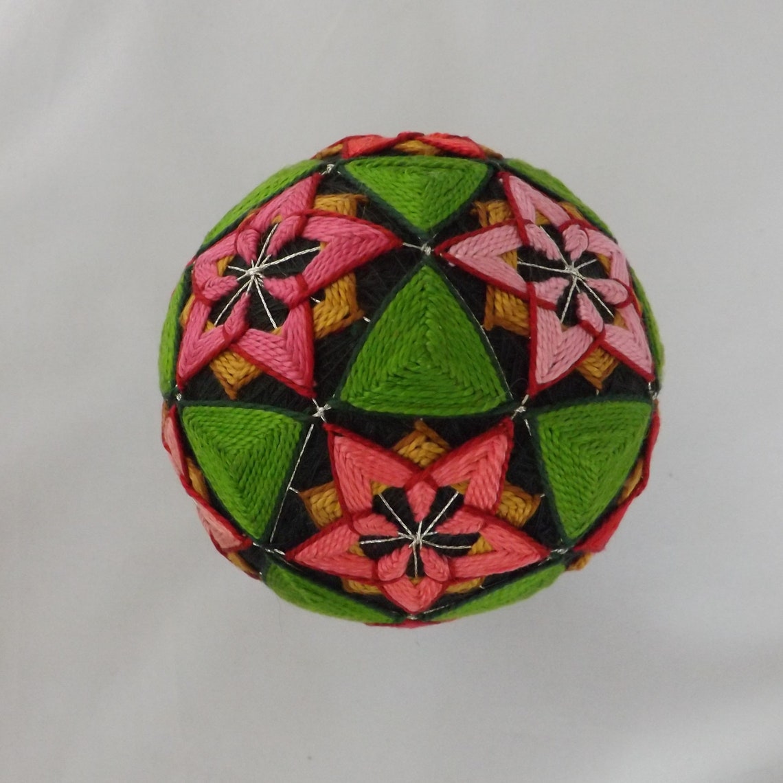 Japanese Temari Ball , Handmade by Me, Twelve Kiko Flowers in Pinks ...
