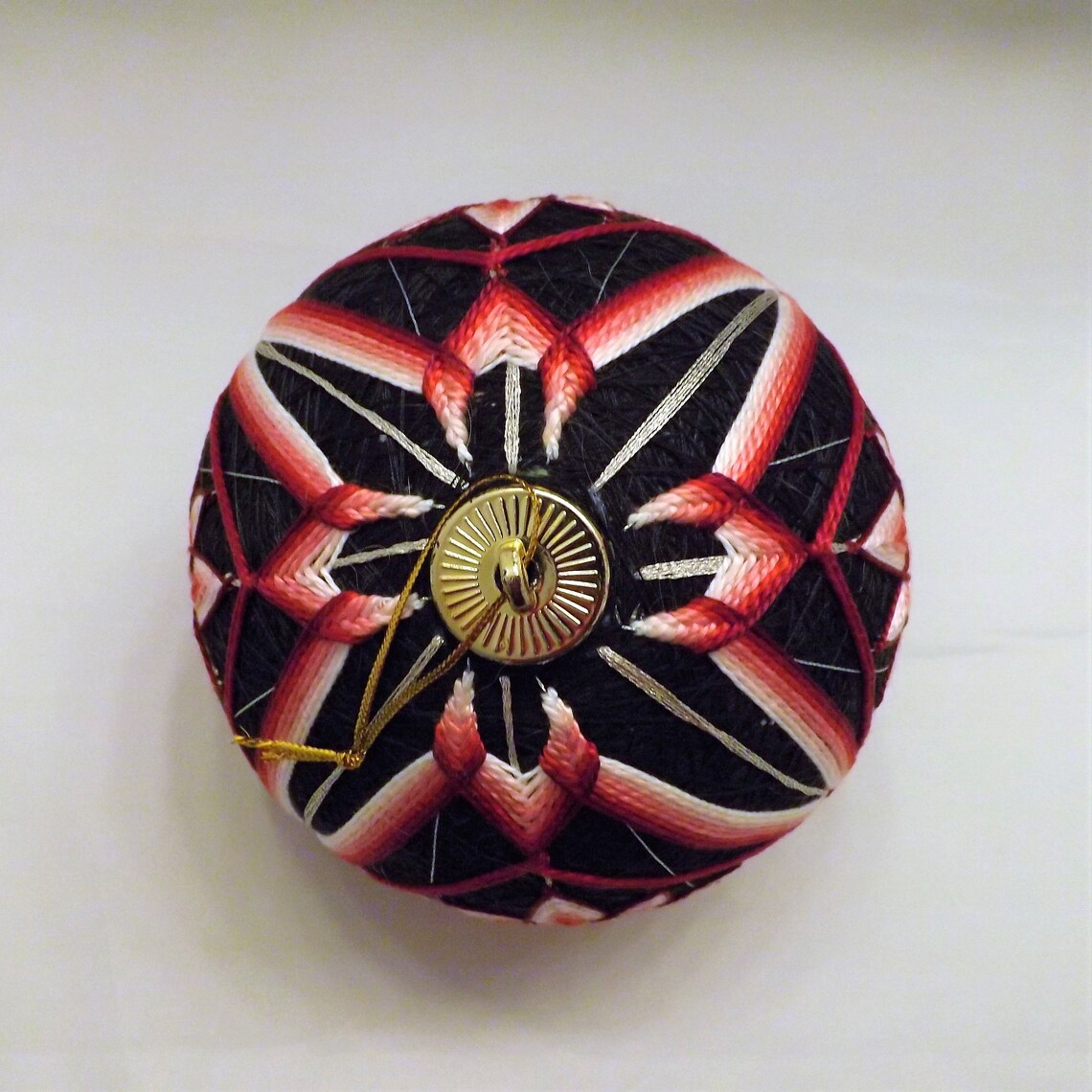 Japanese Temari Ball Handmade 4 Red Kiko Flowers on Black 5 Inch ...