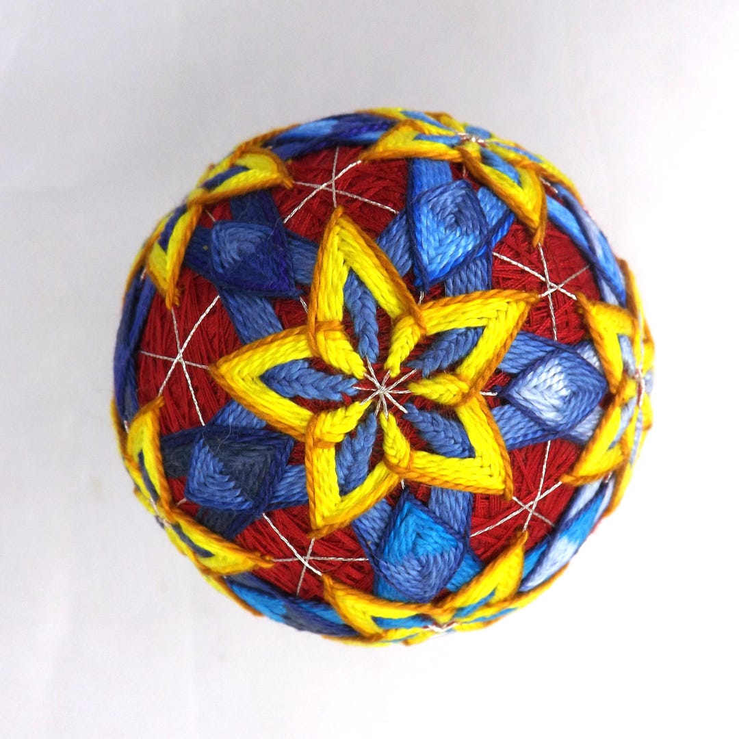 Japanese Temari Ball, Handmade by Me, Twelve Golden Flowers Over Twelve ...