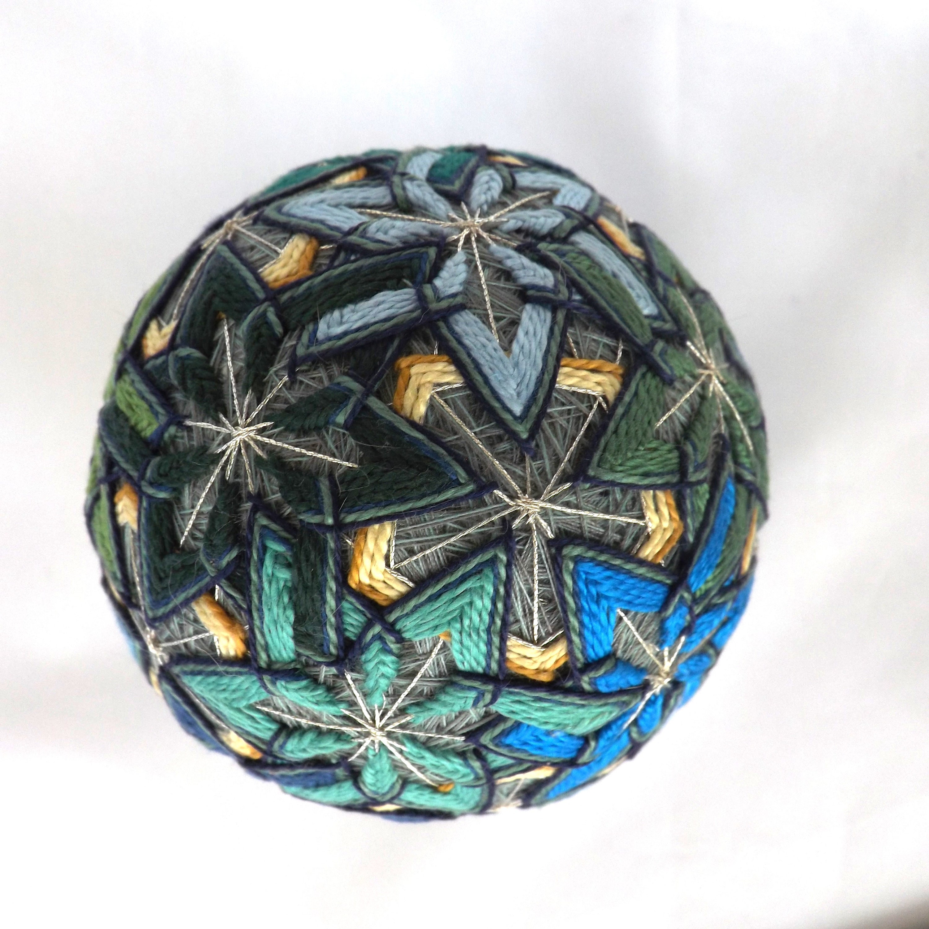 Japanese Temari Ball - Handmade -twenty Blues and Green Flowers Over ...
