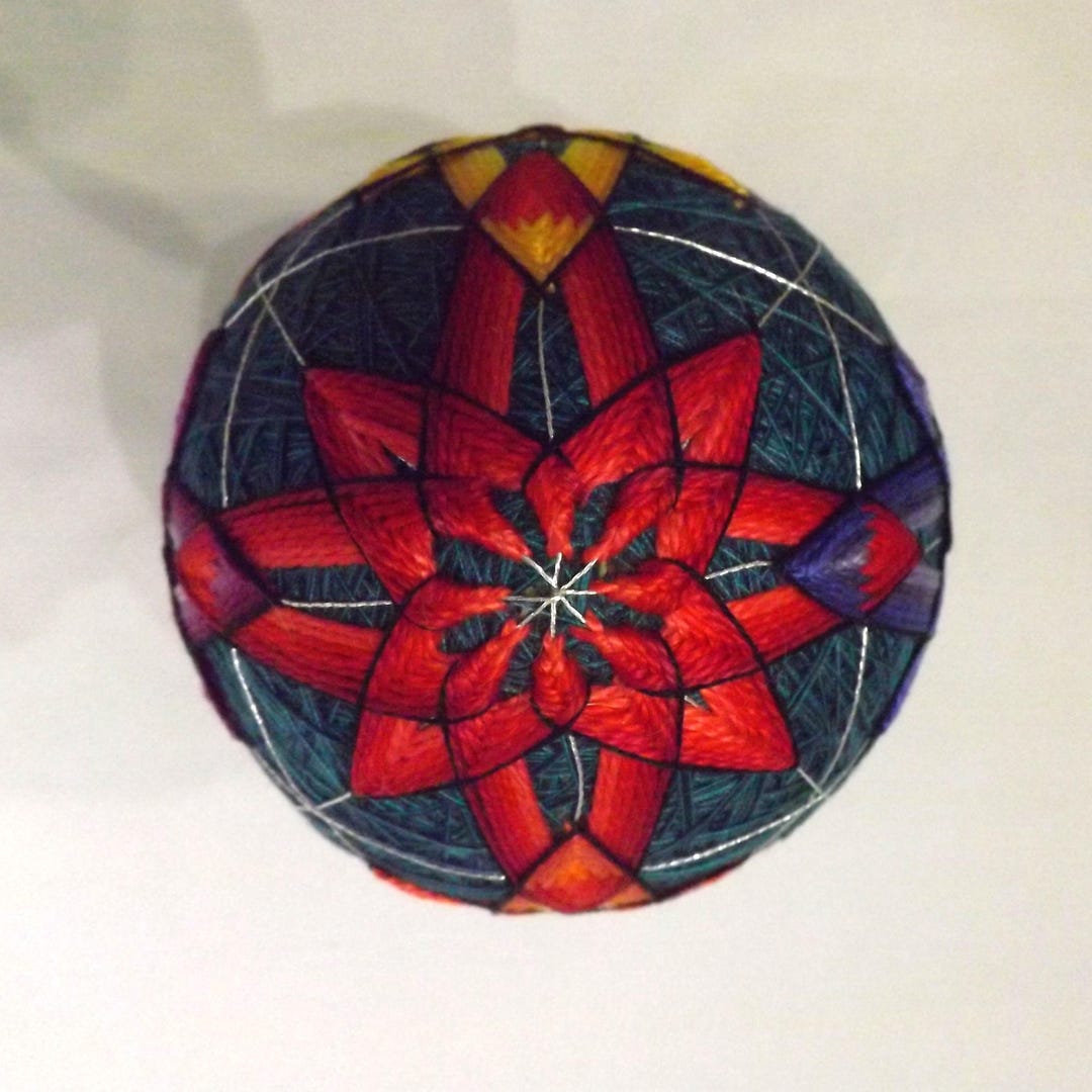 Japanese Temari Ball Handmade by Me , Six Woven Flowers in Red, Yellow ...