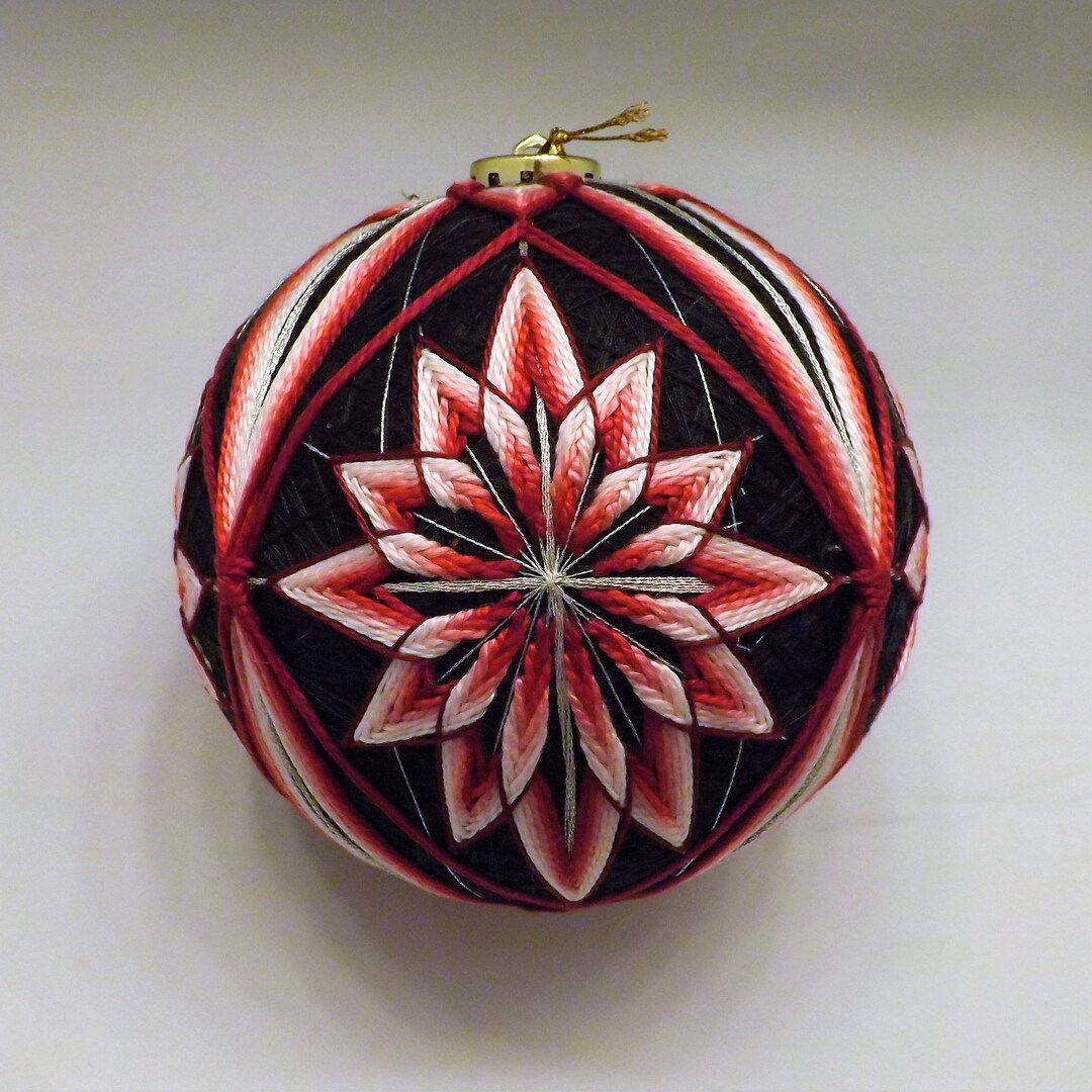 Japanese Temari Ball Handmade 4 Red Kiko Flowers on Black 5 Inch ...