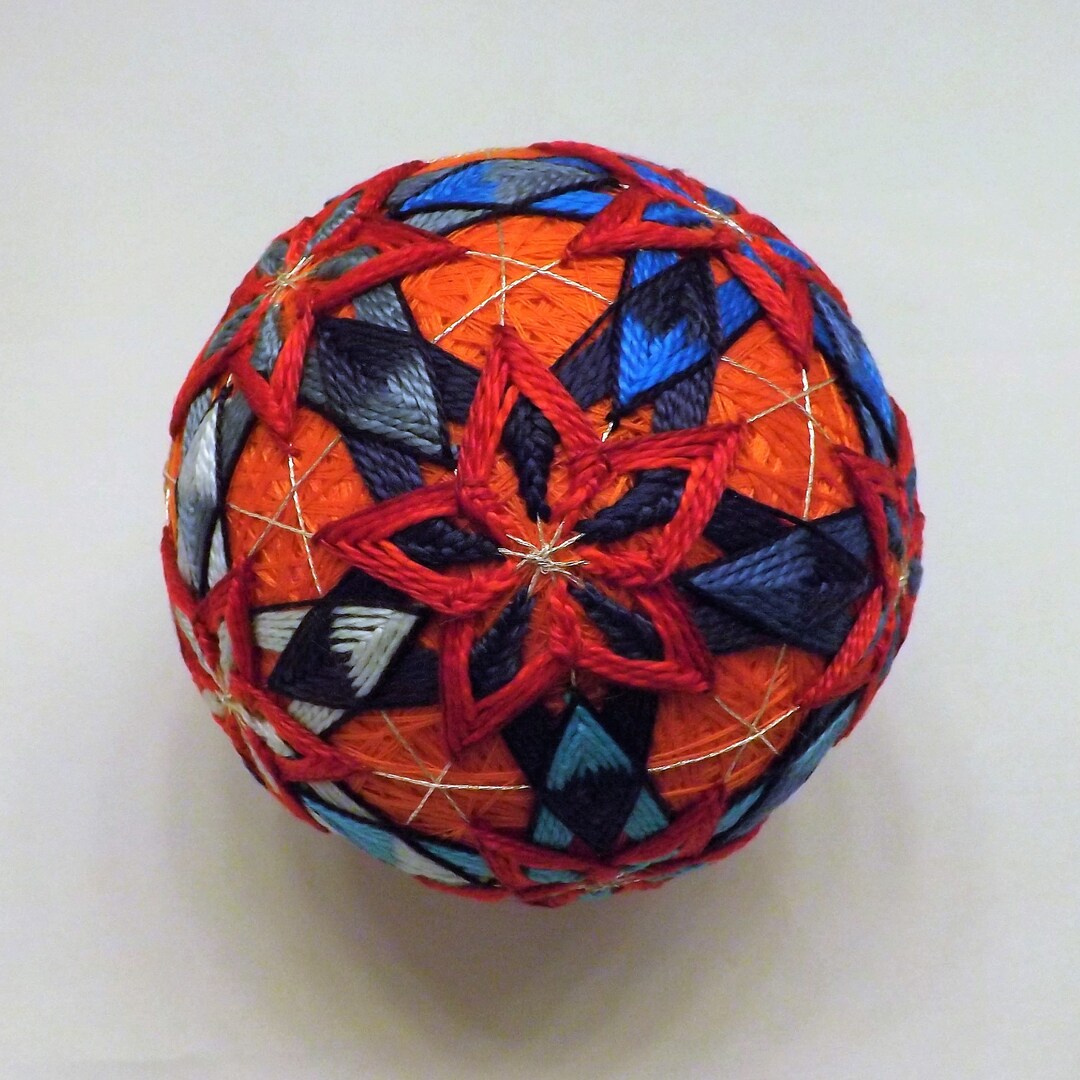 Japanese Temari Ball Handmade 12 Woven Bordering a Red Flowers Over ...